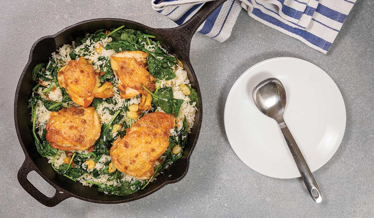 Miso Butter Chicken Thighs with Spinach and Garlic Rice - Good Neighbor ...